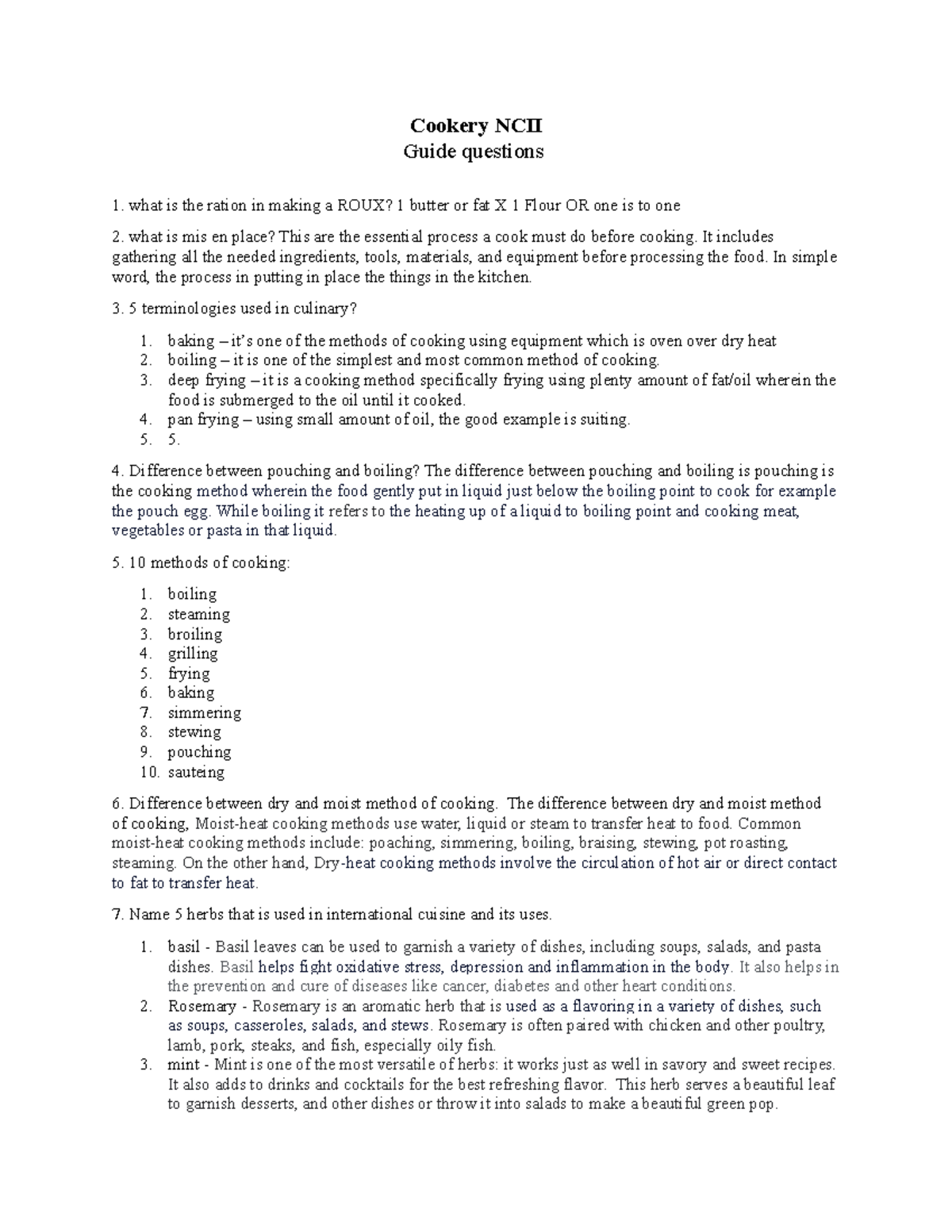 Assignment cookery nc2 - Cookery NCII Guide questions what is the ...