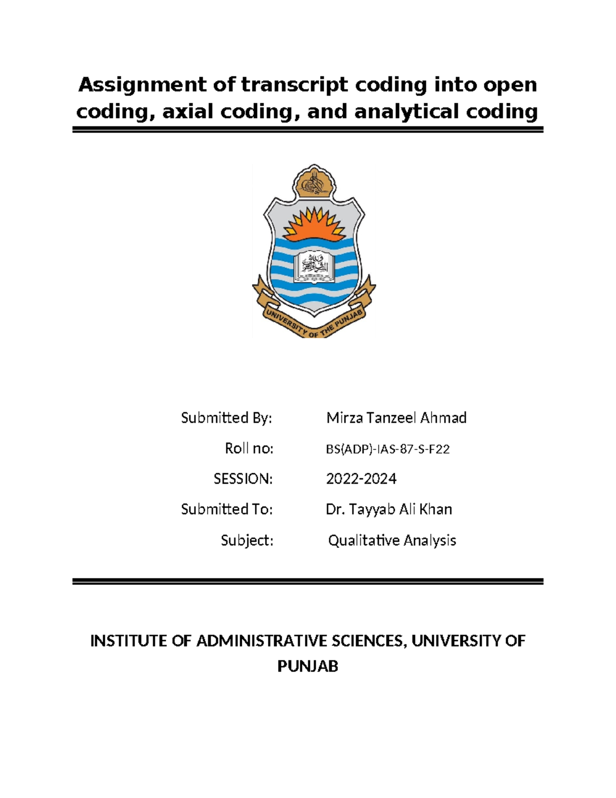 Assignment Of Transcript Coding Into Open Coding Tayyab Ali Khan