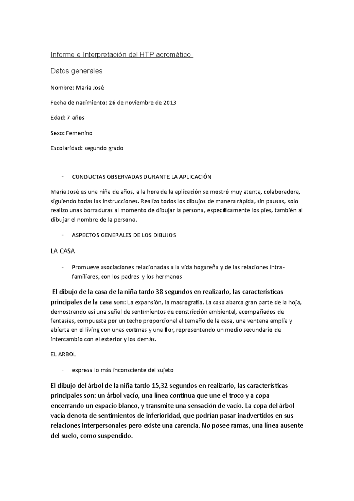 Informe e Interpretación del HTP acromático - Informe e Interpretación ...