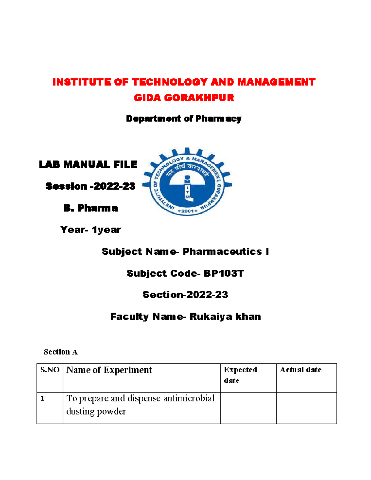 Lab manual Ha P - INSTITUTE OF TECHNOLOGY AND MANAGEMENT GIDA GORAKHPUR ...