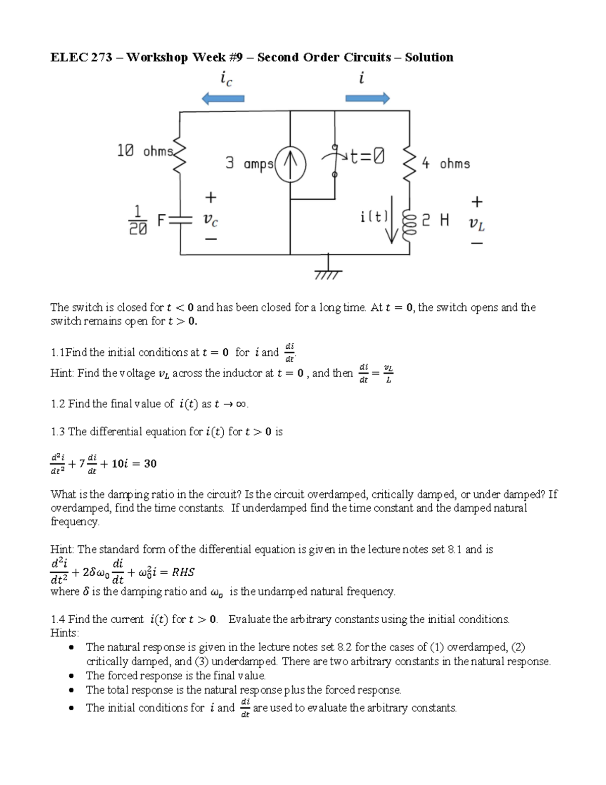 Workshop Week 9 with Solution - ELEC 273 – Workshop Week #9 – Second ...