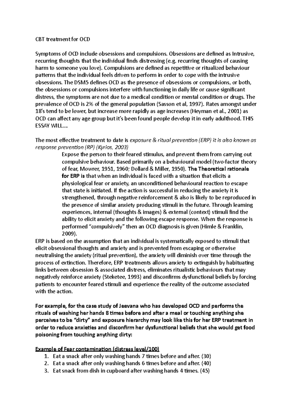 Treatment for OCD - Lecture notes 4 - CBT treatment for OCD Symptoms of ...