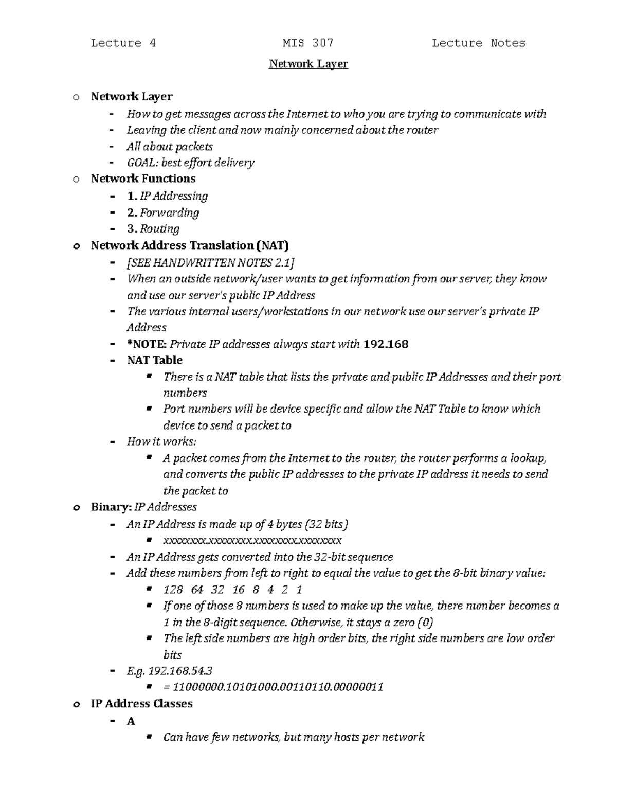 Network Layer - Teacher: Joseph Buckman - Network Layer o Network Layer ...