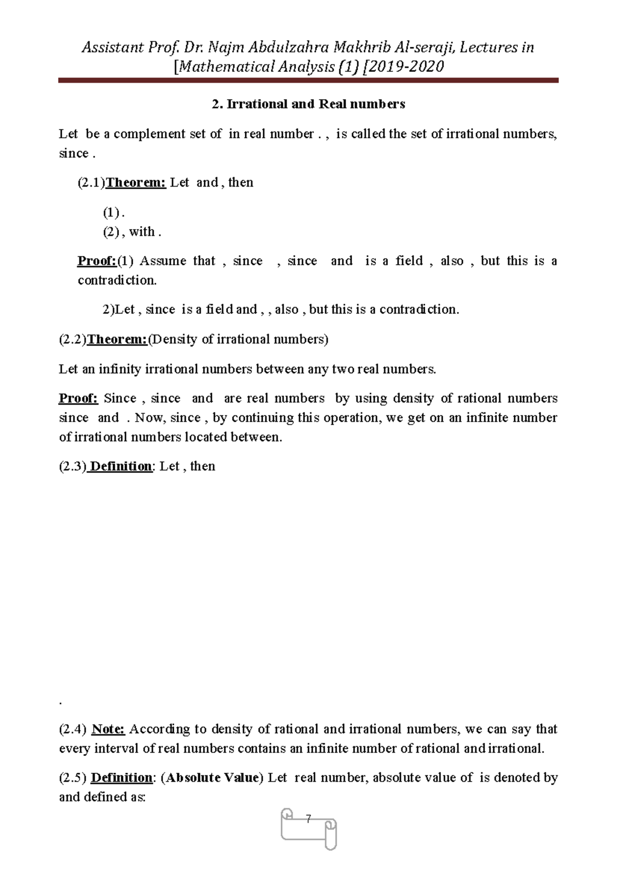 Mathematical Analysis 1 - , is called the set of irrational numbers ...