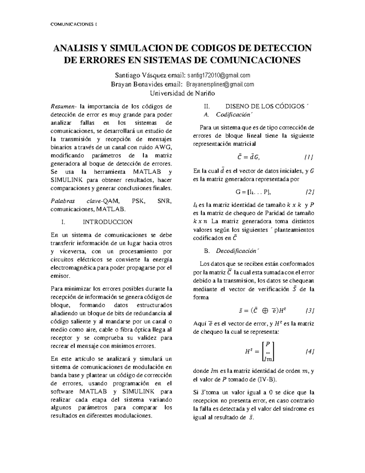 Informe Taller 2 - Warning: TT: undefined function: 32 ANALISIS Y SIMULACION DE CODIGOS DE ...