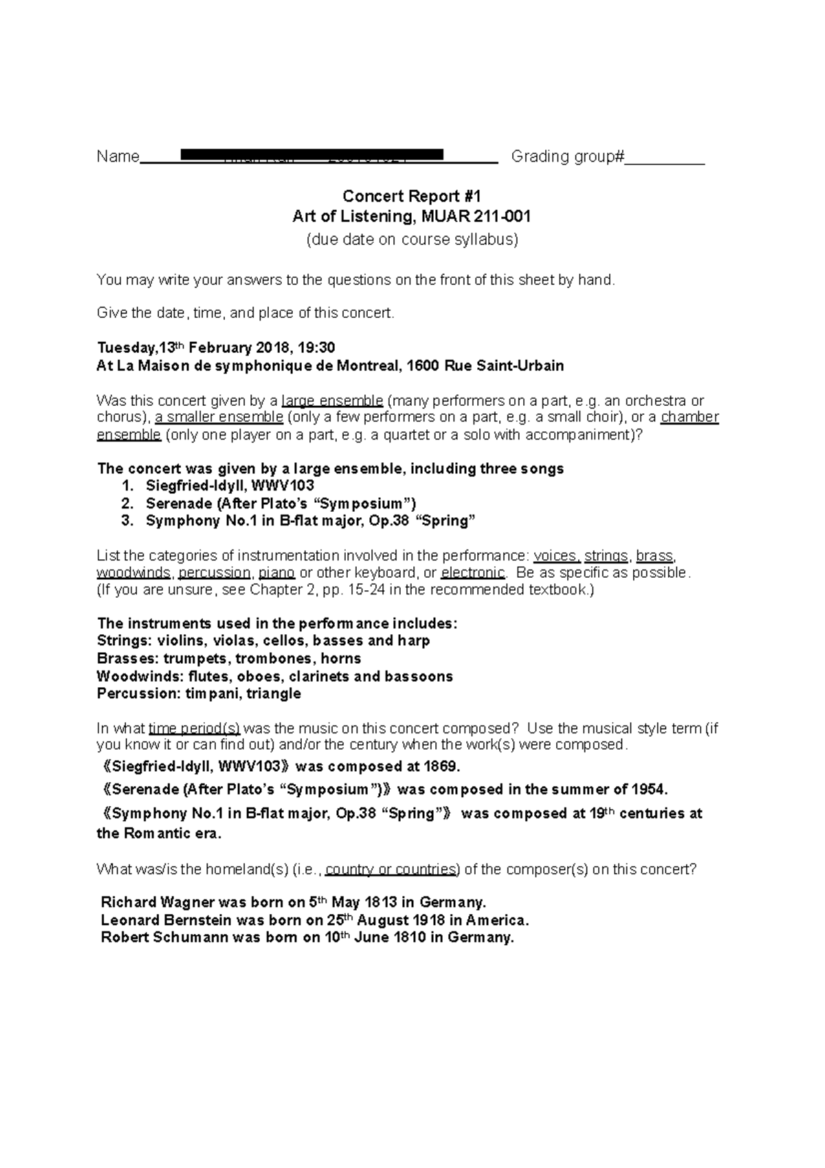 Concert Report student example - Name Yihan Ran 260781021 Grading group ...