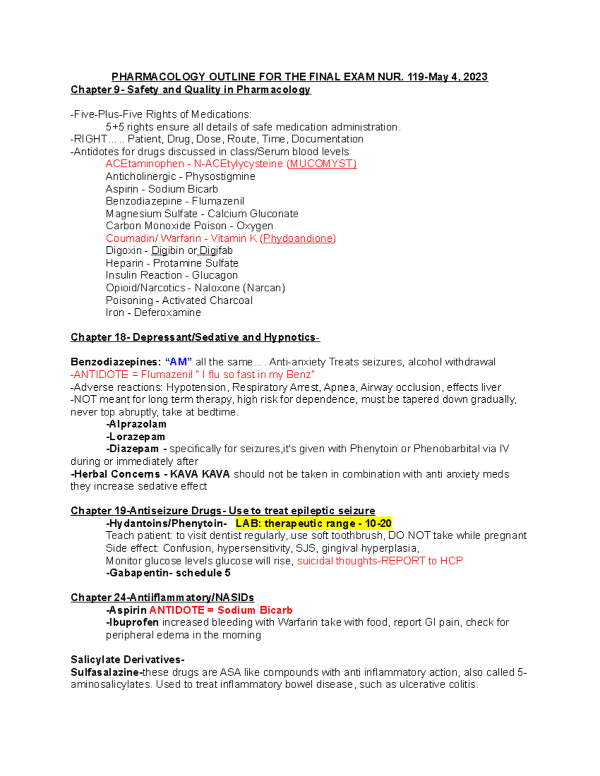 Pharmacology Outline FOR THE Final EXAM NUR - PHARMACOLOGY OUTLINE FOR ...