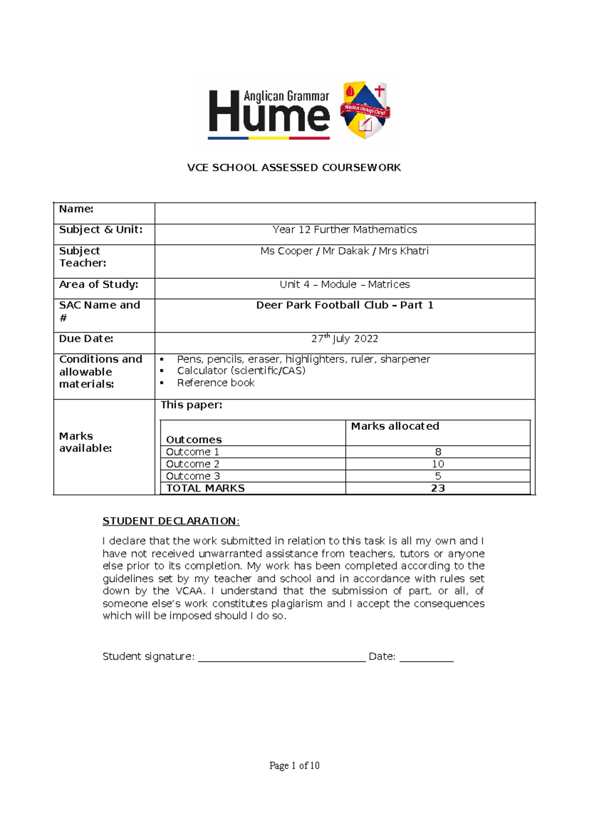 FM Matrices SAC 2022 - Part 1 - VCE SCHOOL ASSESSED COURSEWORK Name ...