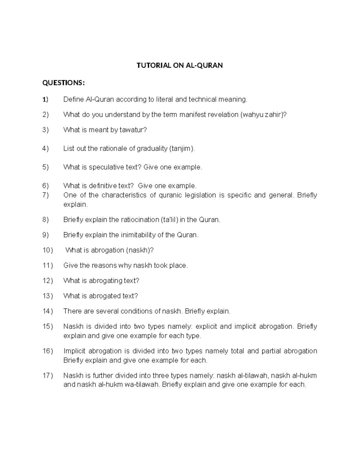 Tutorial Question ON AL Quran - TUTORIAL ON AL-QURAN QUESTIONS: 1 ...