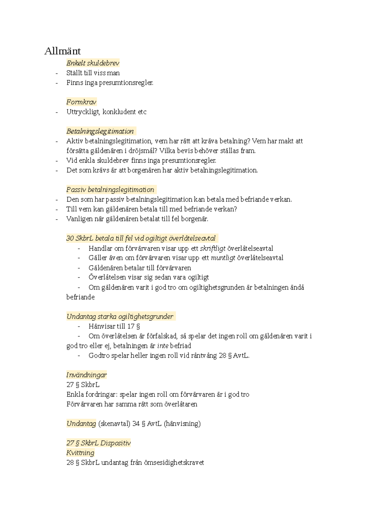 Gruppövning 2 - Gruppövning - Allmänt Enkelt skuldebrev Ställt till ...