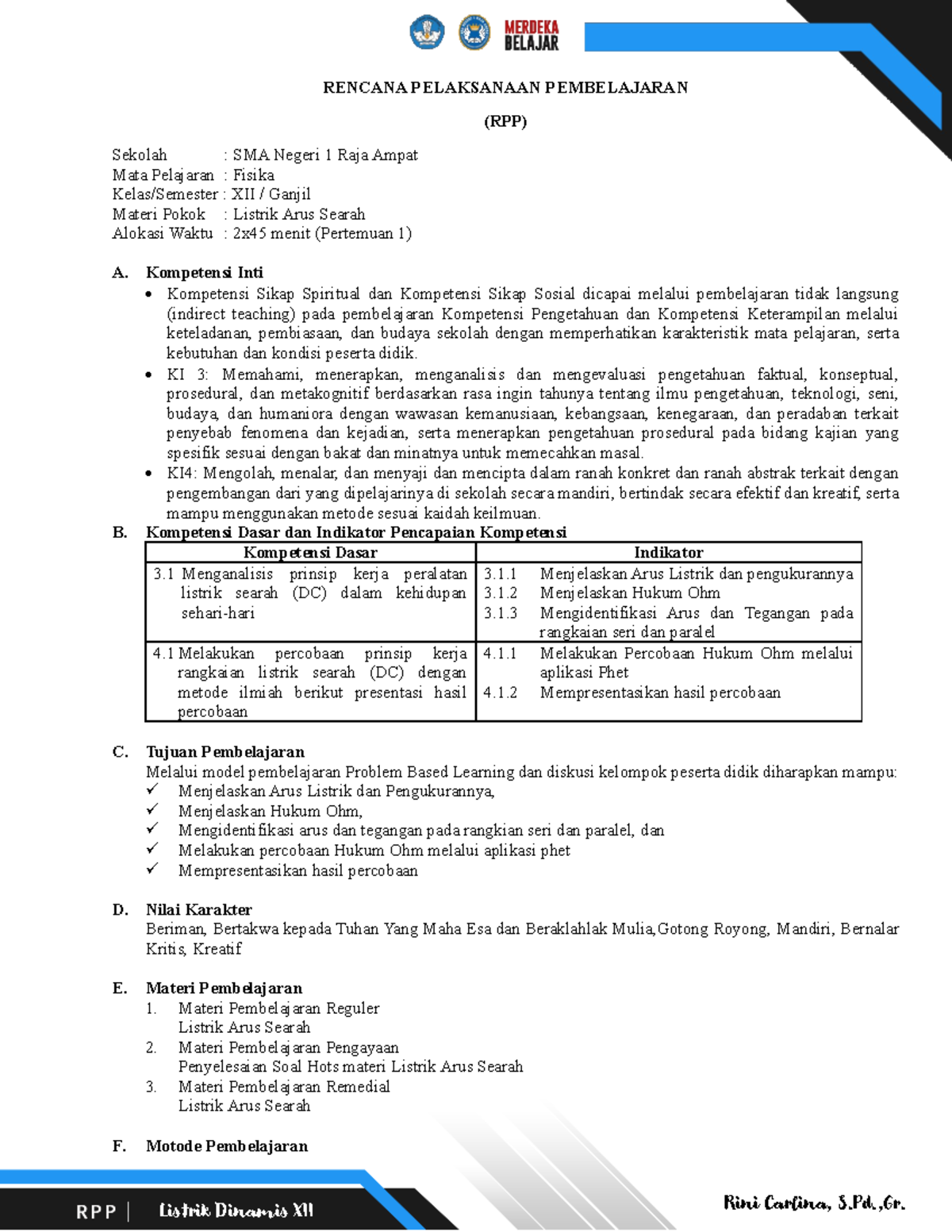 RPP 3.1 ( Listrik Dinamis) - RENCANA PELAKSANAAN PEMBELAJARAN (RPP) Sekolah : SMA Negeri 1 Raja ...