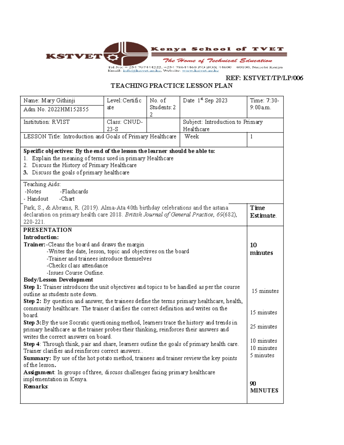 Lesson plan for nutrition - REF: KSTVET/TP/LP/ TEACHING PRACTICE LESSON ...