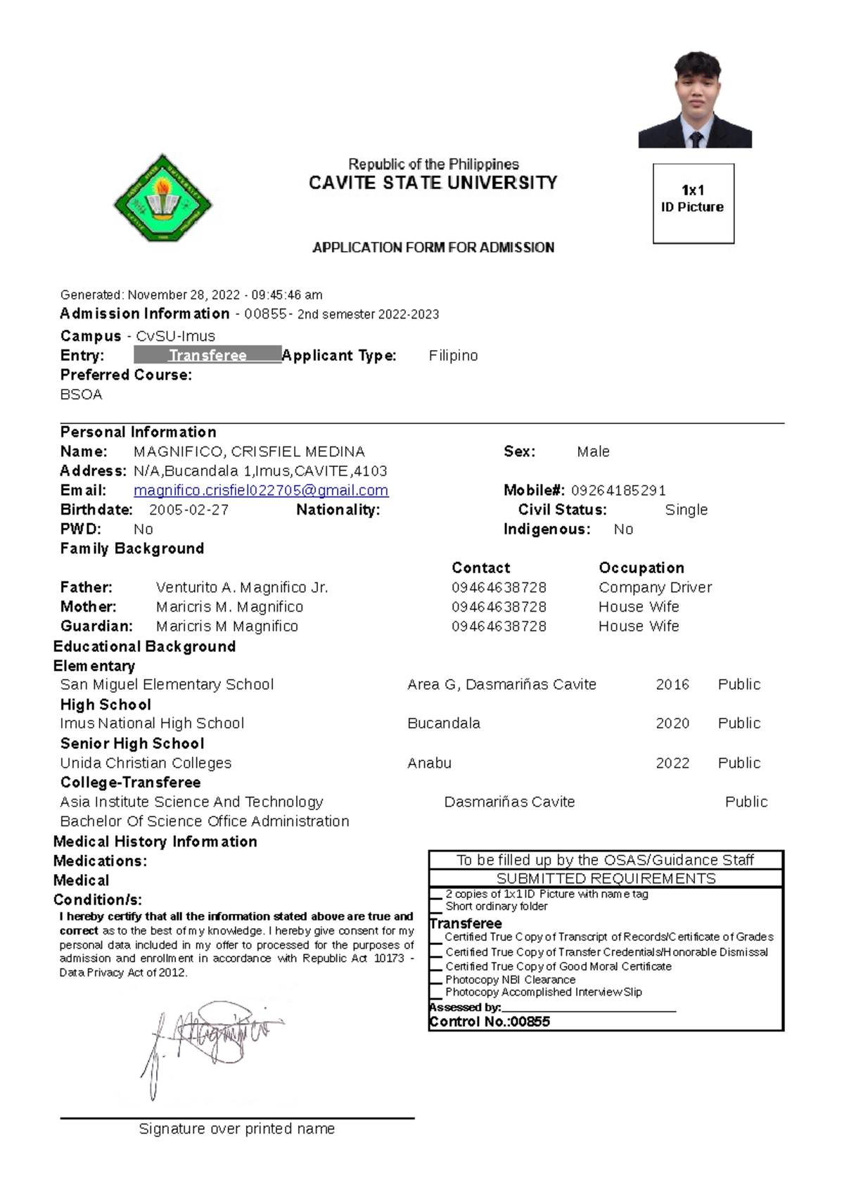 Magnifico file for CVSU - Generated: November 28, 2022 - 09:45:46 am Admission Information ...