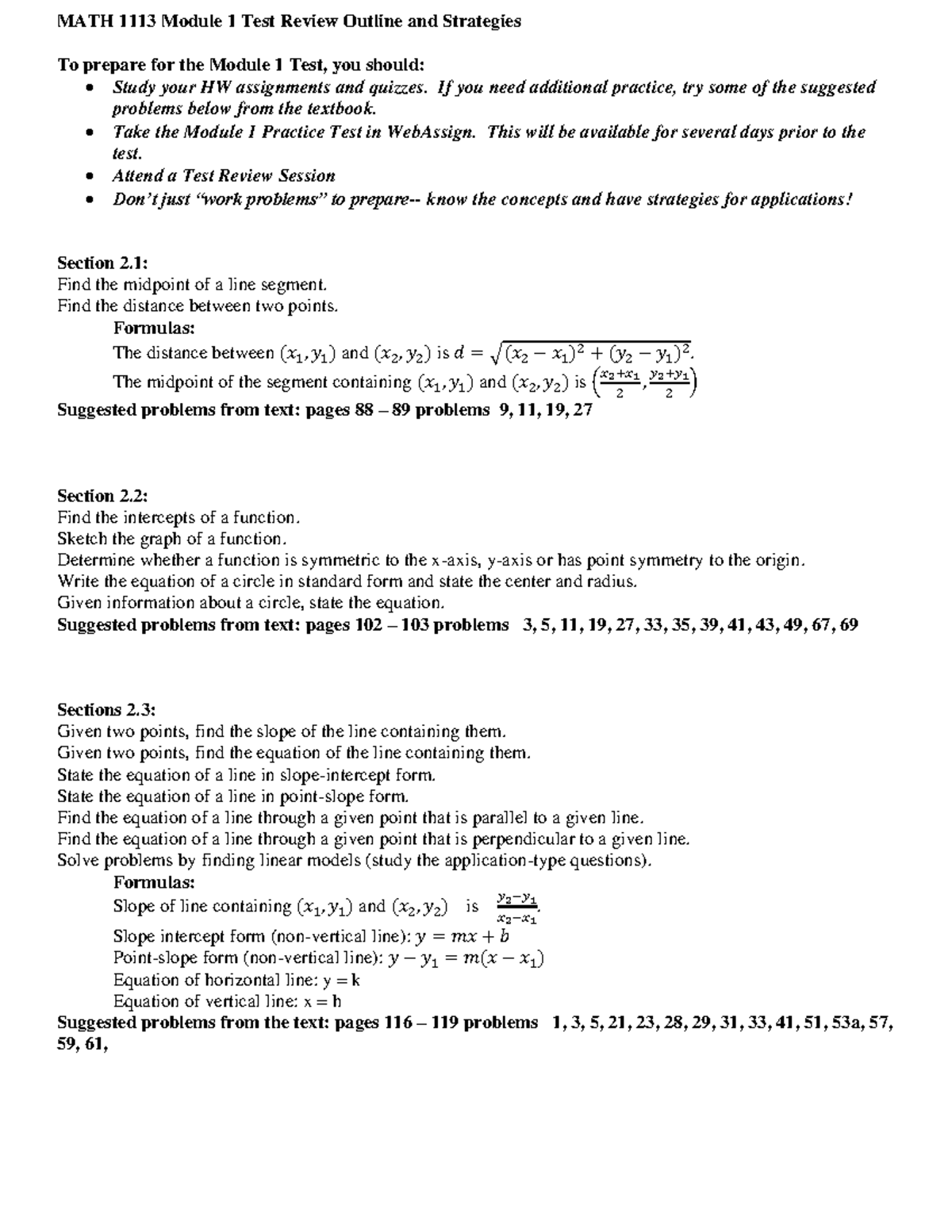 Module 1 Test Review 1 - MATH 1113 Module 1 Test Review Outline and ...