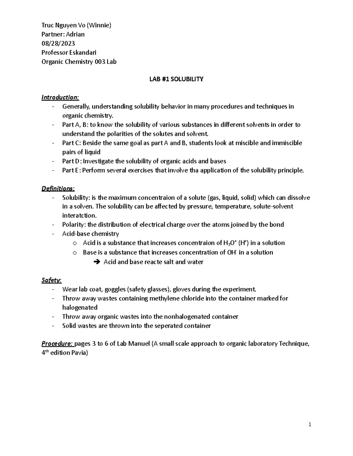 Lab 1 - including pre-lab, report, and question - Partner: Adrian 08/28 ...