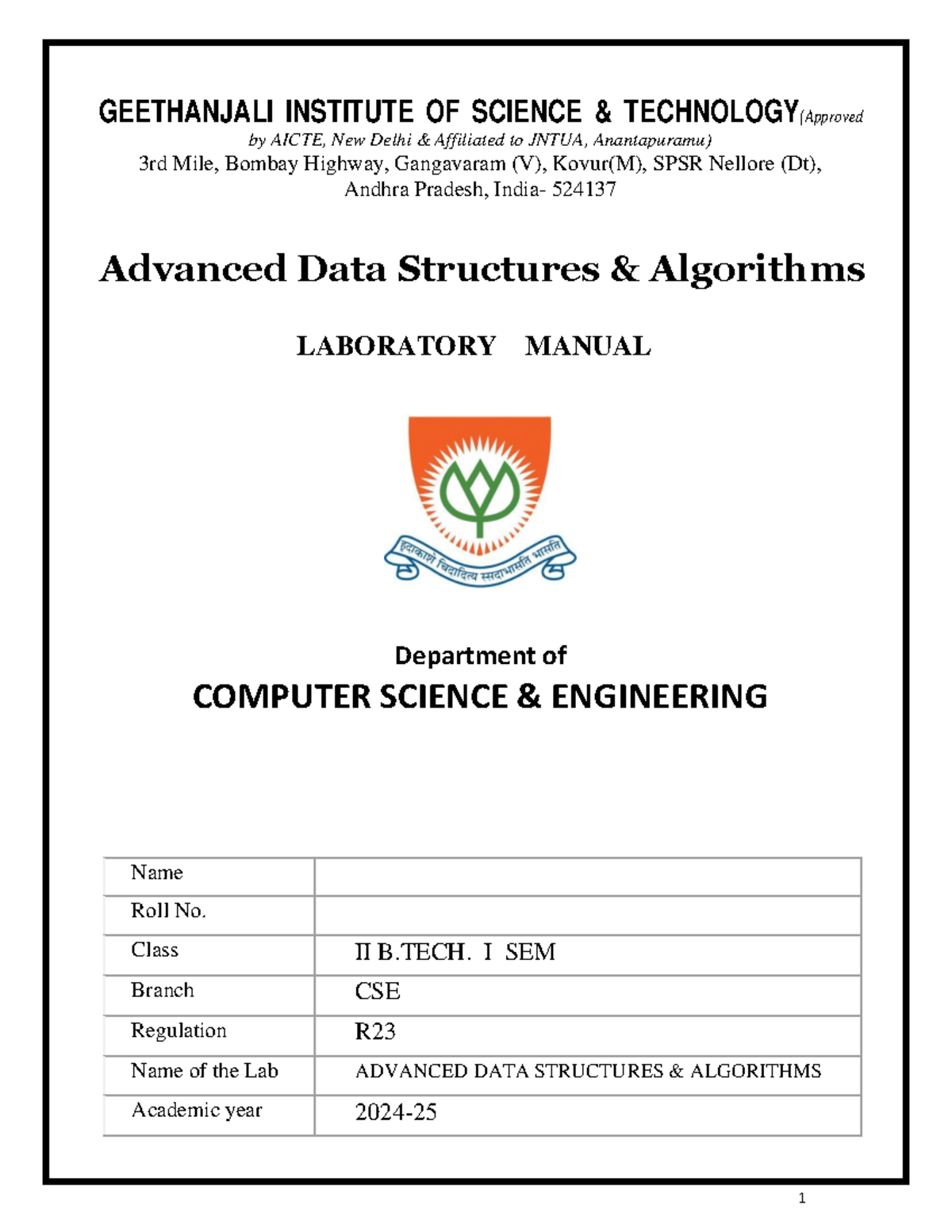 ADS LAB Manul R23 - GOOD - 1 GEETHANJALI INSTITUTE OF SCIENCE ...