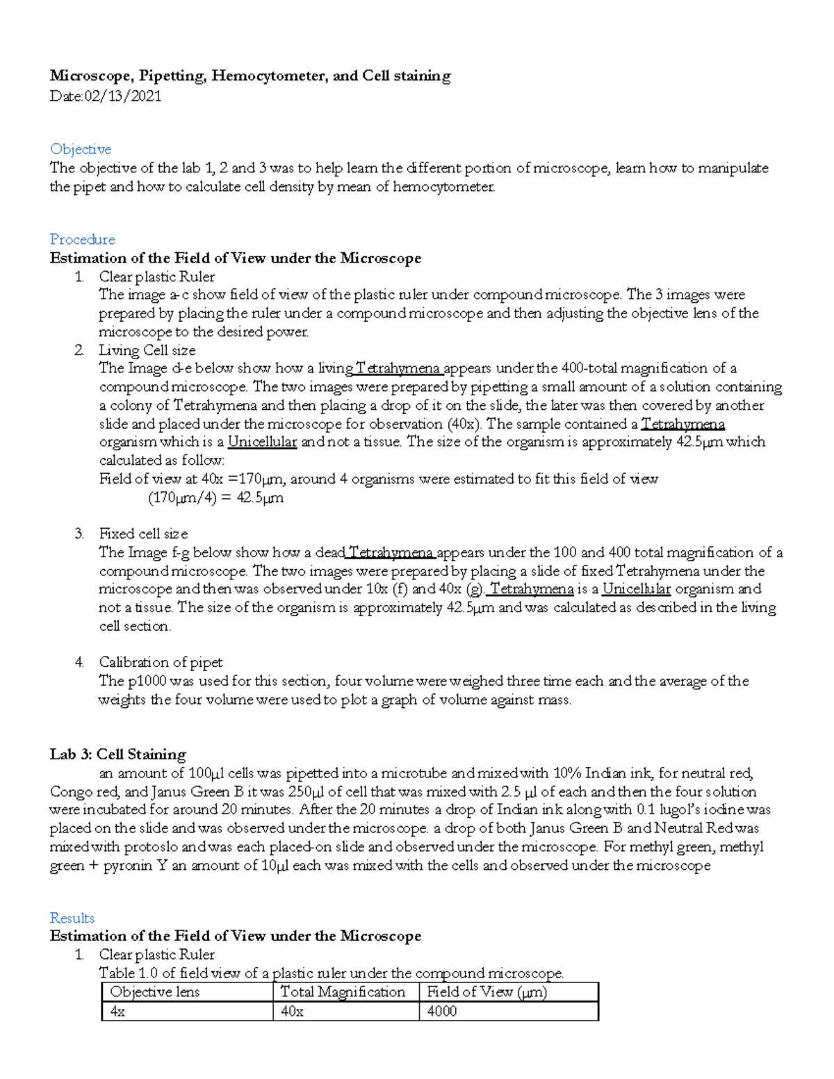 Lab report cell staining, hemocytometer &pipeting - Microscope ...