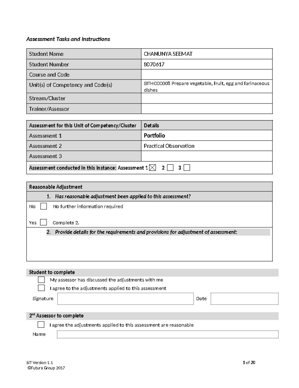 Sithccc 008 Assessment 1 -Portfolio - Assessment Tasks and Instructions ...