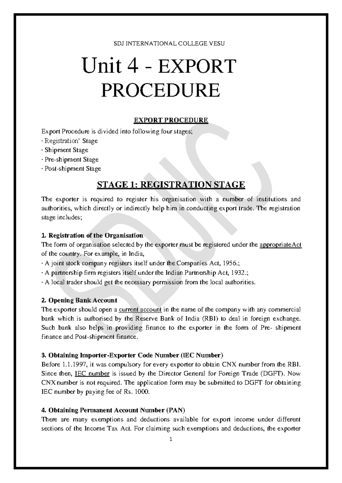 CH 4 Export Procedure - SDJ INTERNATIONAL COLLEGE VESU Unit 4 - EXPORT ...
