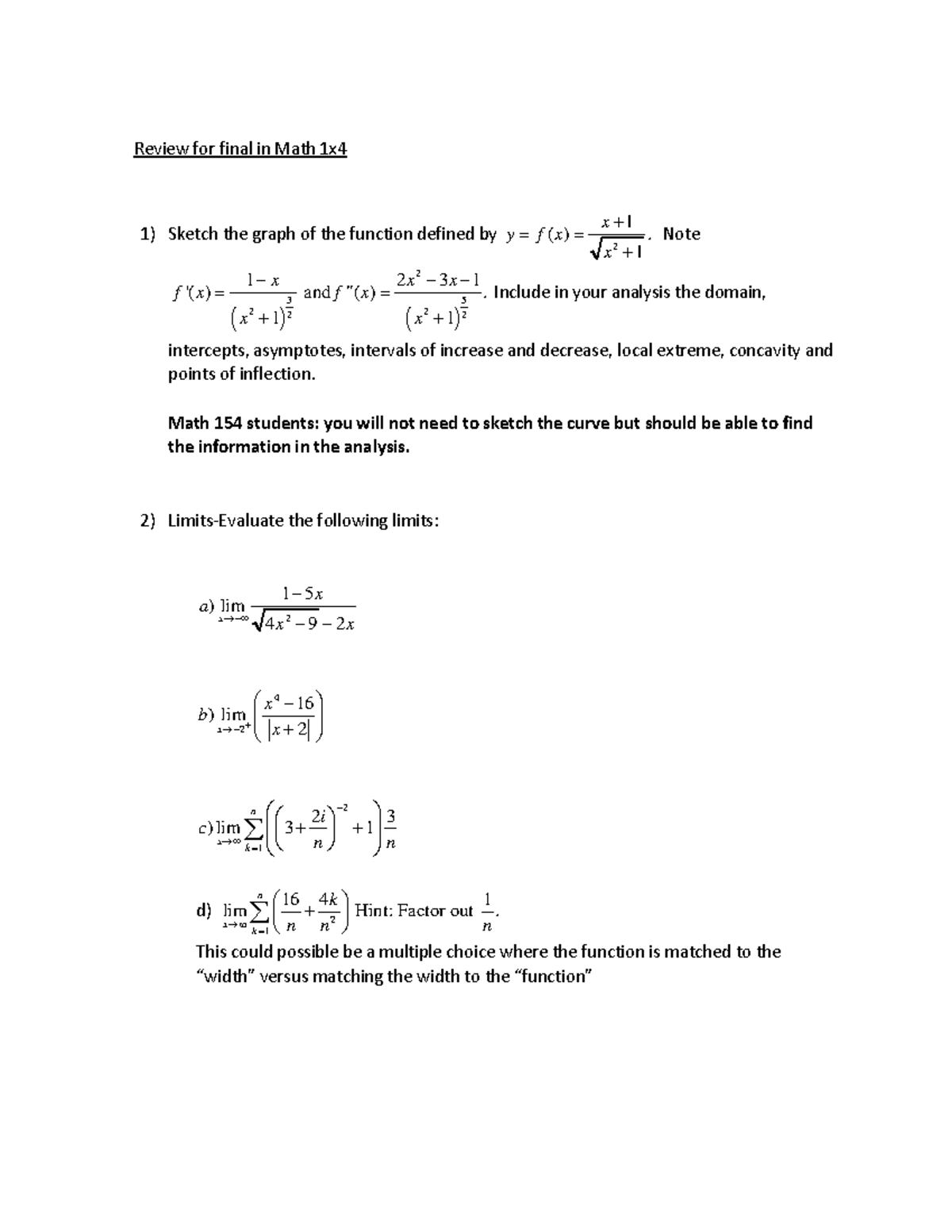 Final review 1 - Review for final in Math 1x Sketch the graph of the ...