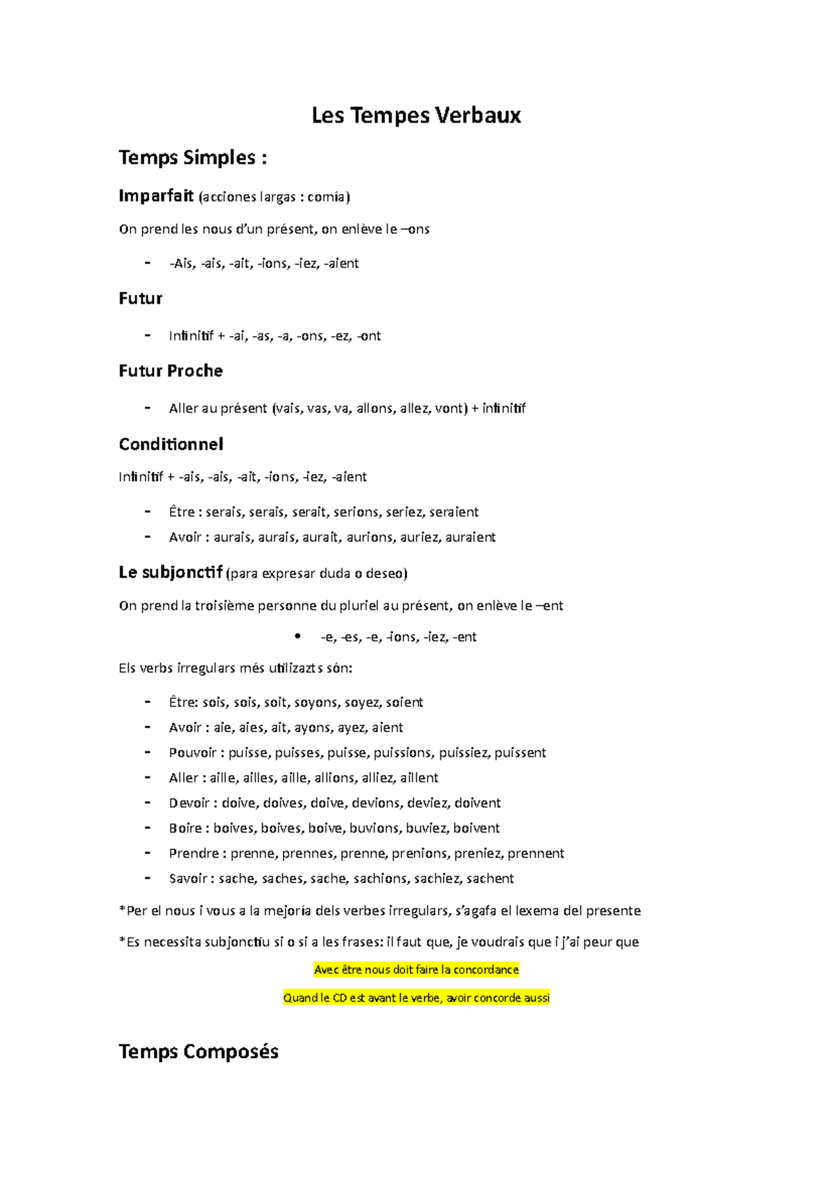 Francès - GENERALES - Les Tempes Verbaux Temps Simples : Imparfait ...