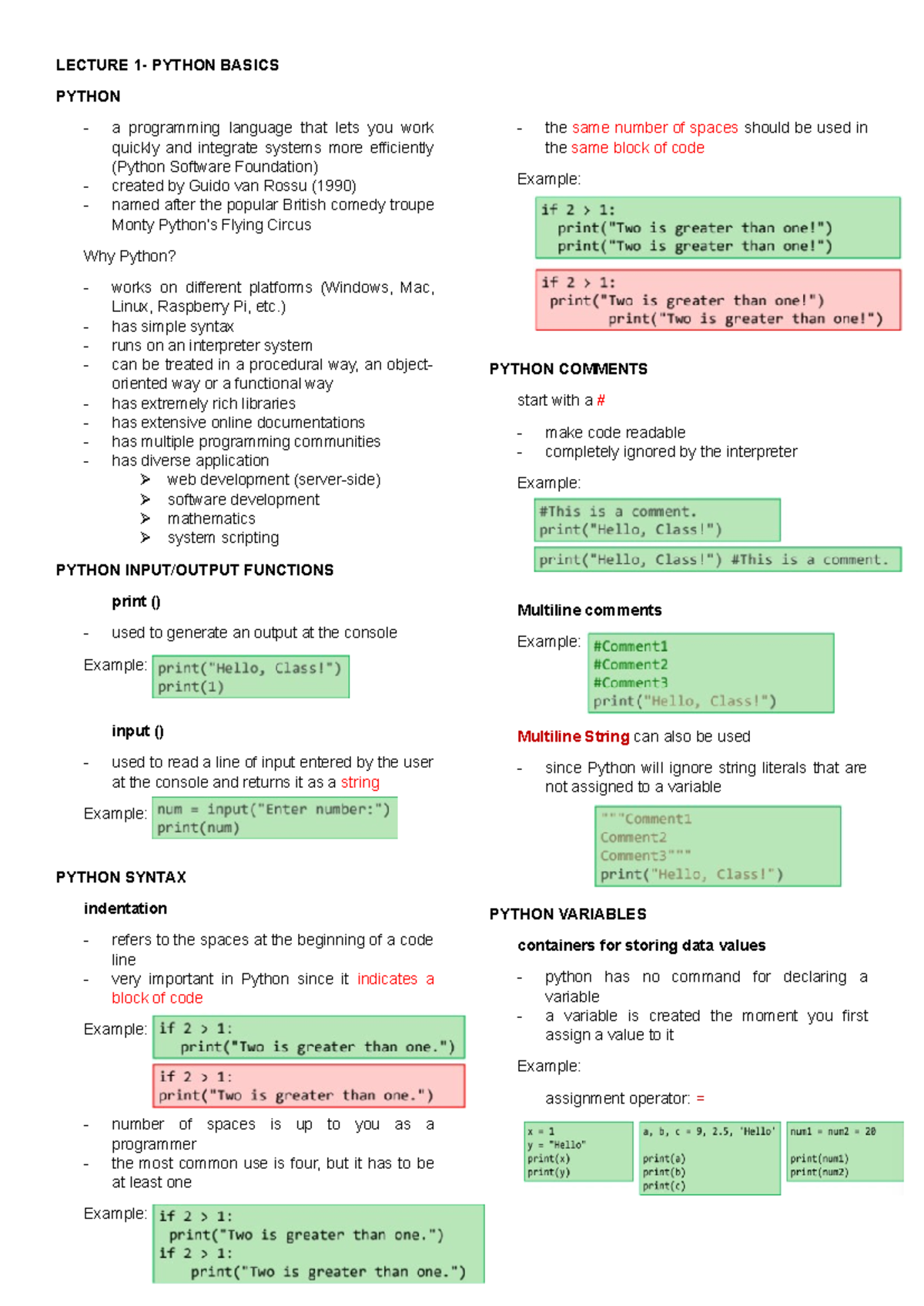 Lecture for print - LECTURE 1- PYTHON BASICS PYTHON a programming language that lets you work ...