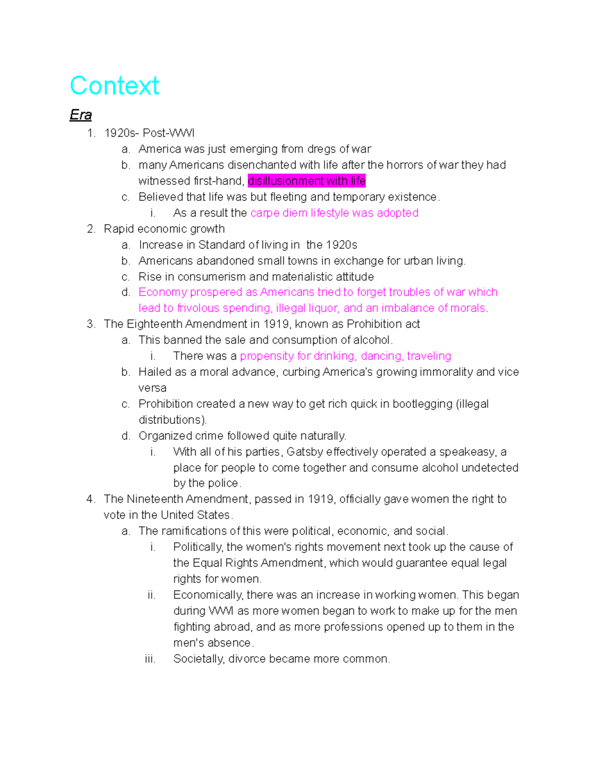 Langlit notes( collated everything)[Gatsby] - Context Era 1920s- Post ...