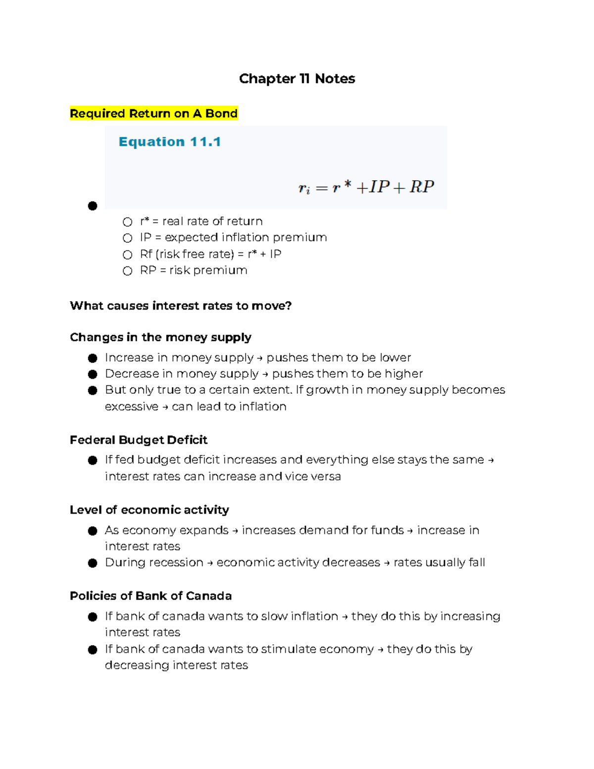 11 Chapter Notes - Chapter 11 Notes Required Return on A Bond r* = real ...