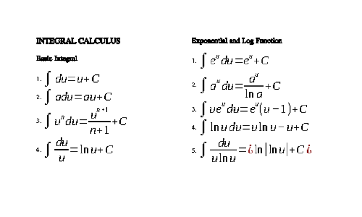 Midterm Formulas - INTEGRAL CALCULUS Basic Integral ∫ du=u+C ∫ adu=au+C ∫ u n du= u n + 1 n+ 1 ...