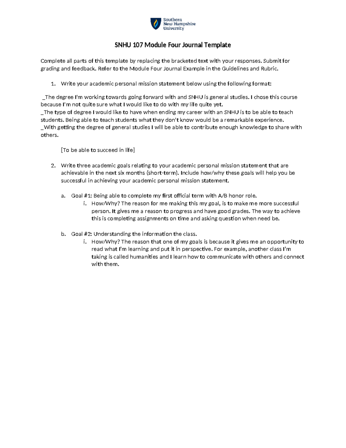 SNHU 107 Module Four Journal Template - SNHU 107 Module Four Journal ...