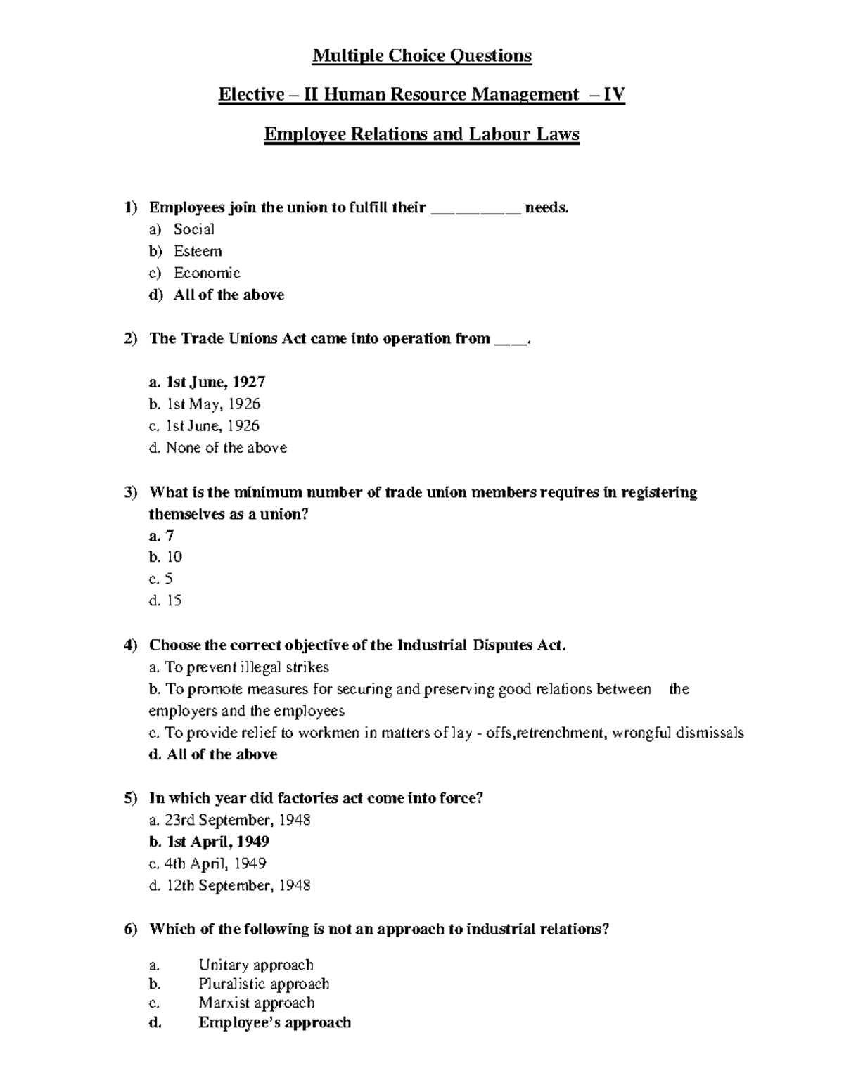 MCQ on Employee Relations and Labour Laws - Multiple Choice Questions ...