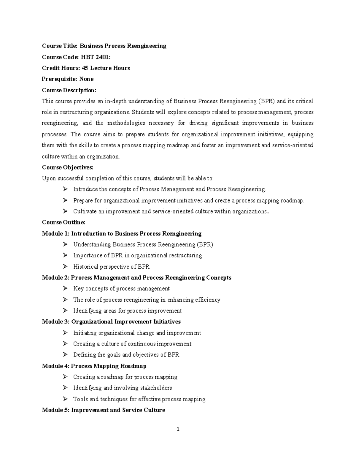 HBT 2401 BPR Course Outline and notes - Course Title: Business Process ...