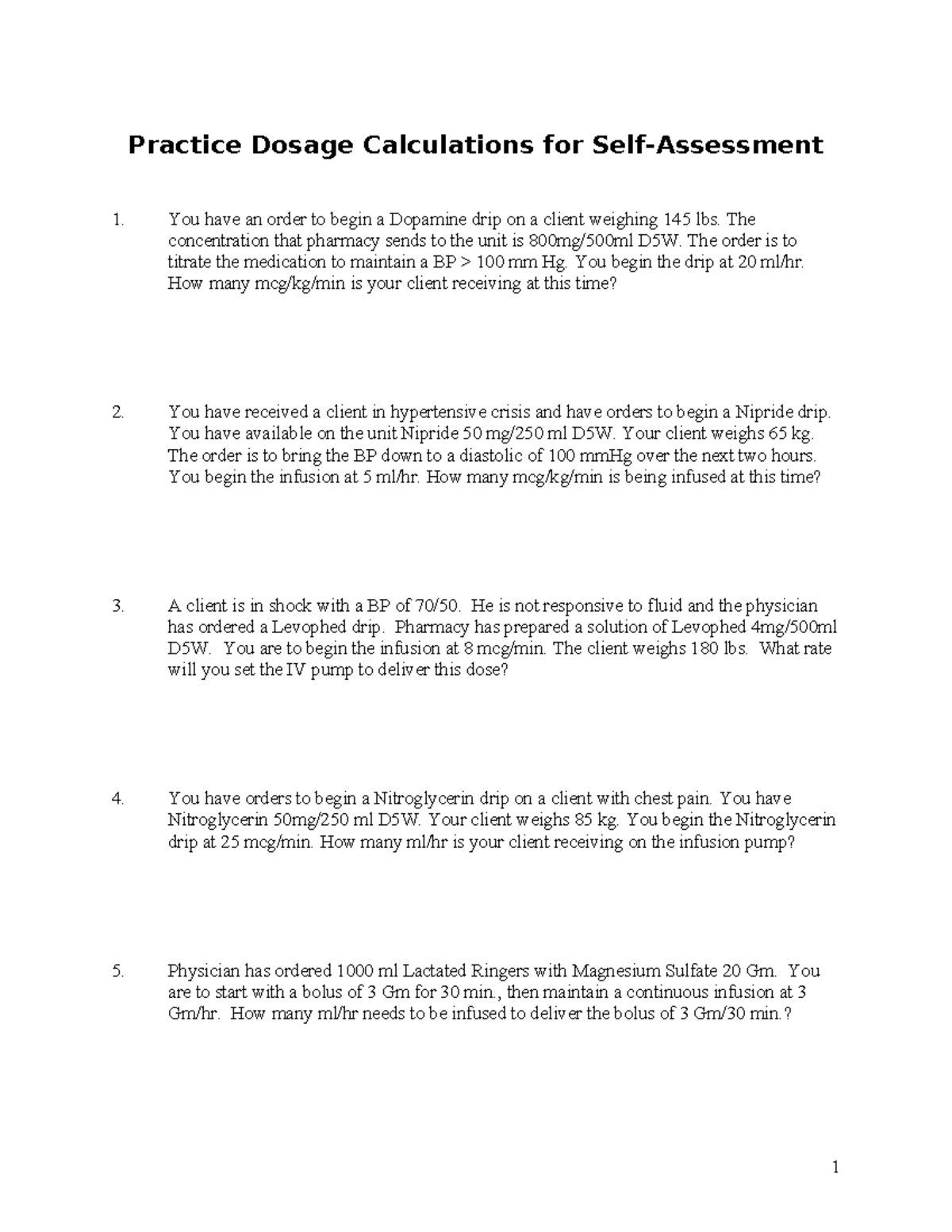 Practice Dosage Calculations for Self-Assessment Key - The ...