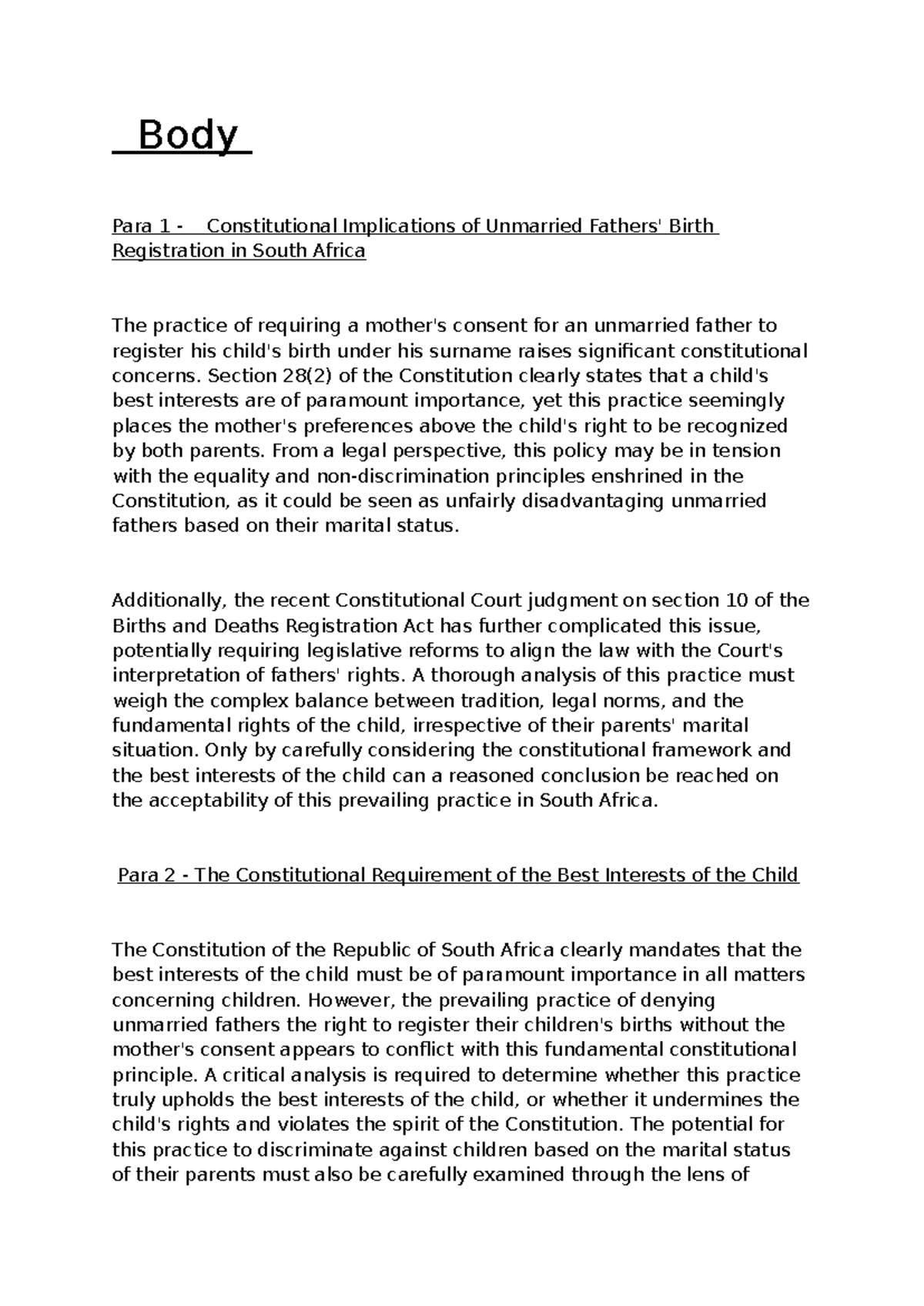 body legal essay- births and registration - Body Para 1 ...