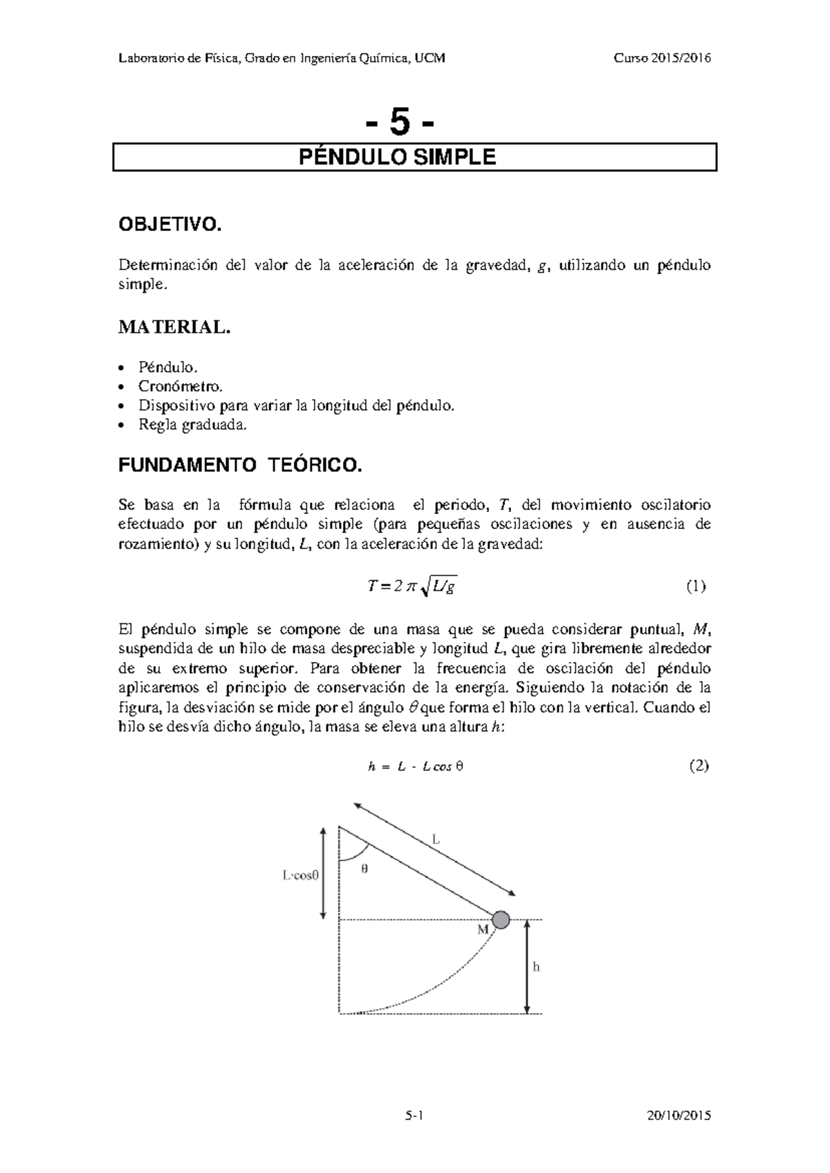 Pendulo simple - Laboratorio de Física, Grado en Ingeniería Química ...