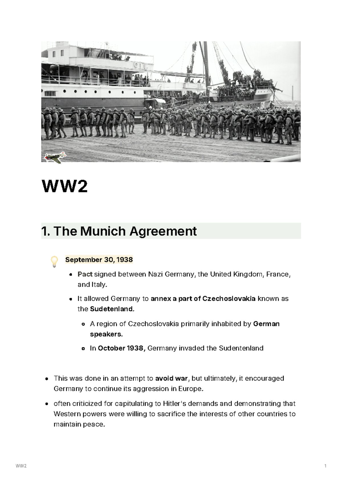 DNL WW2 Summary - WW 1. The Munich Agreement 💡 September 30, 1938 Pact signed between Nazi ...