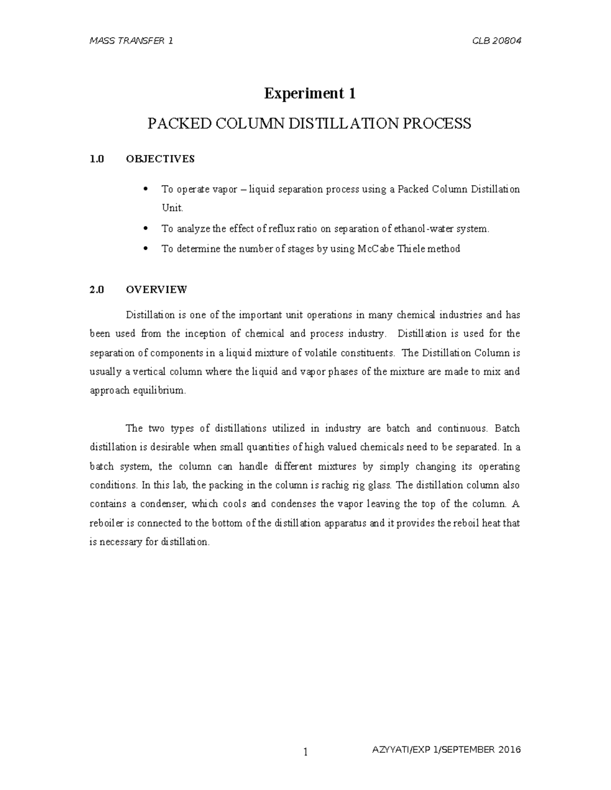 Experiment 1 Packed Column Distillation - Experiment 1 PACKED COLUMN ...