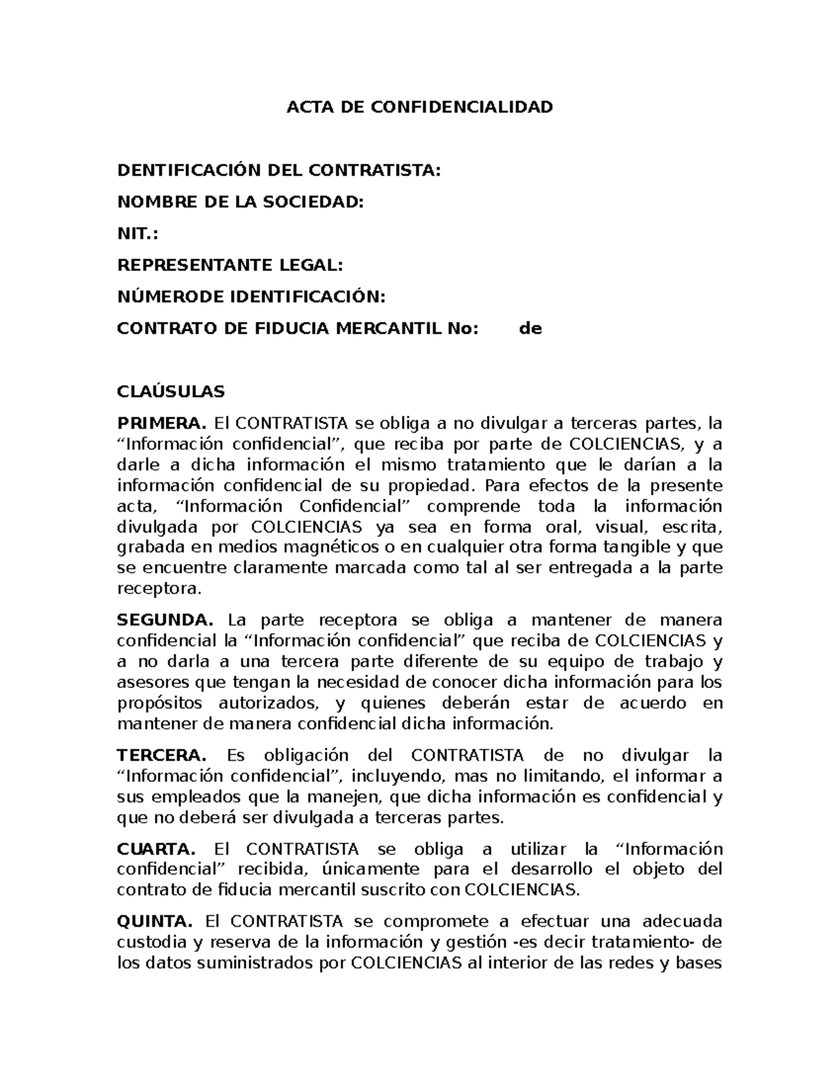 Acta de confidencialidad - ACTA DE CONFIDENCIALIDAD DENTIFICACIÓN DEL ...