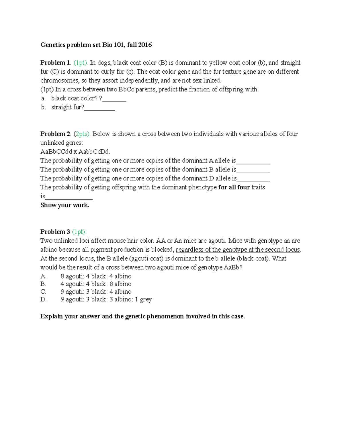 Genetics Problems Set Bio 101 Fall 2016 Studocu