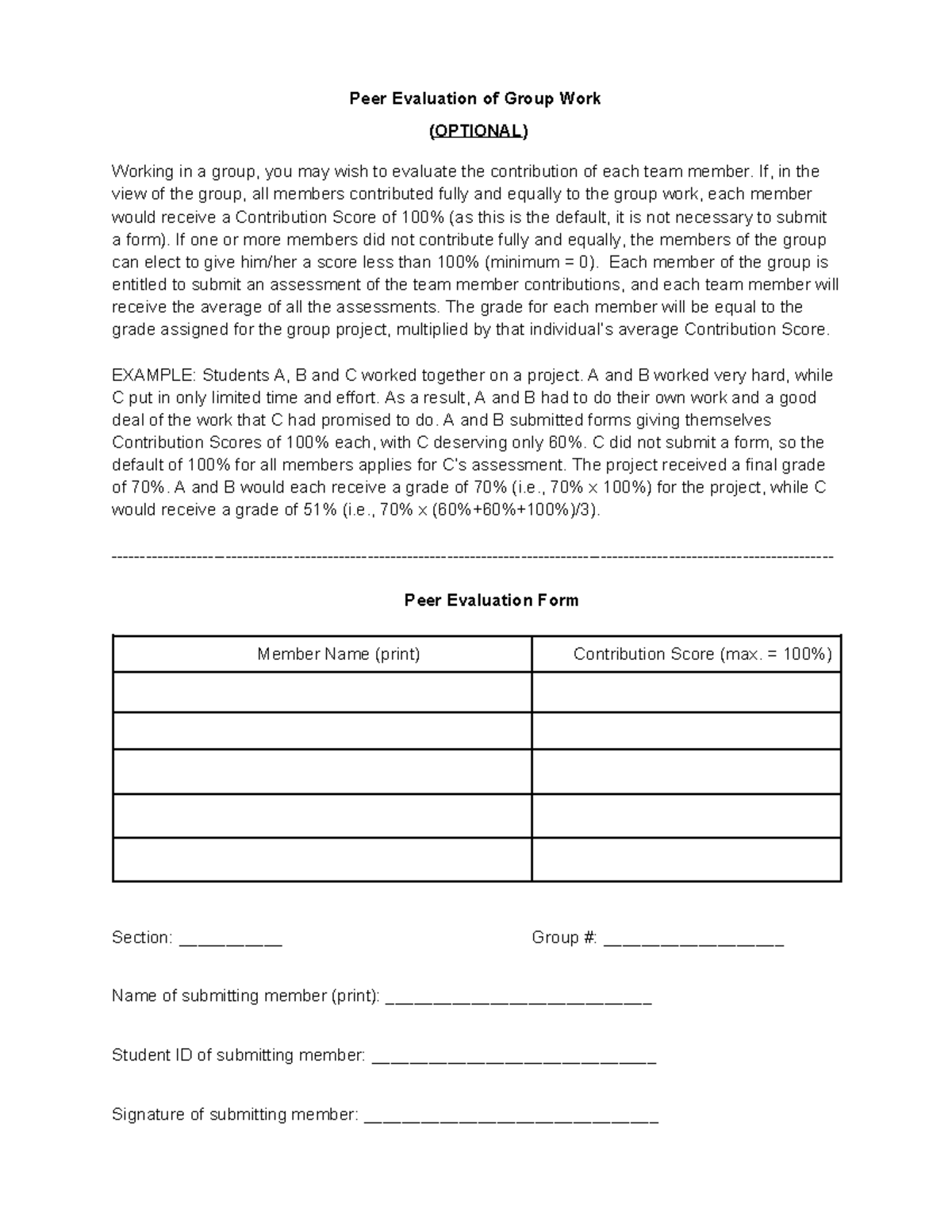 Peer Evaluation Form - Optional - Peer Evaluation of Group Work ...