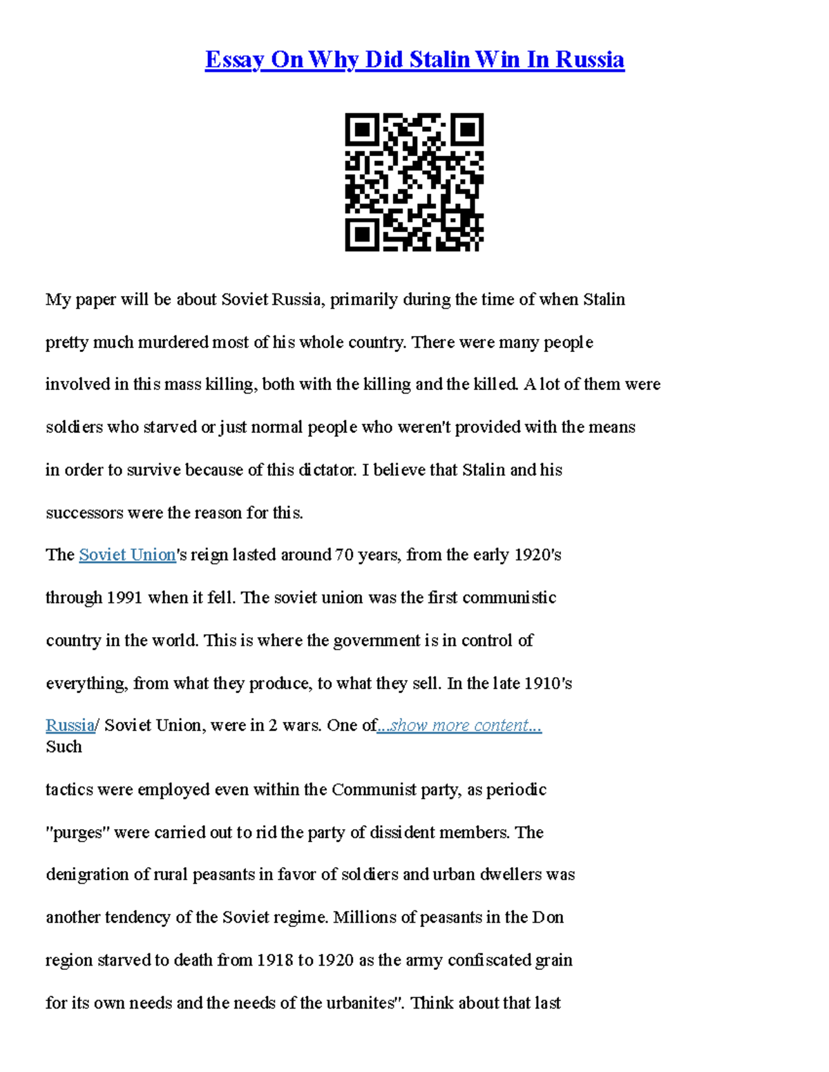 Essay On Stalin - Essay On Why Did Stalin Win In Russia My paper will ...
