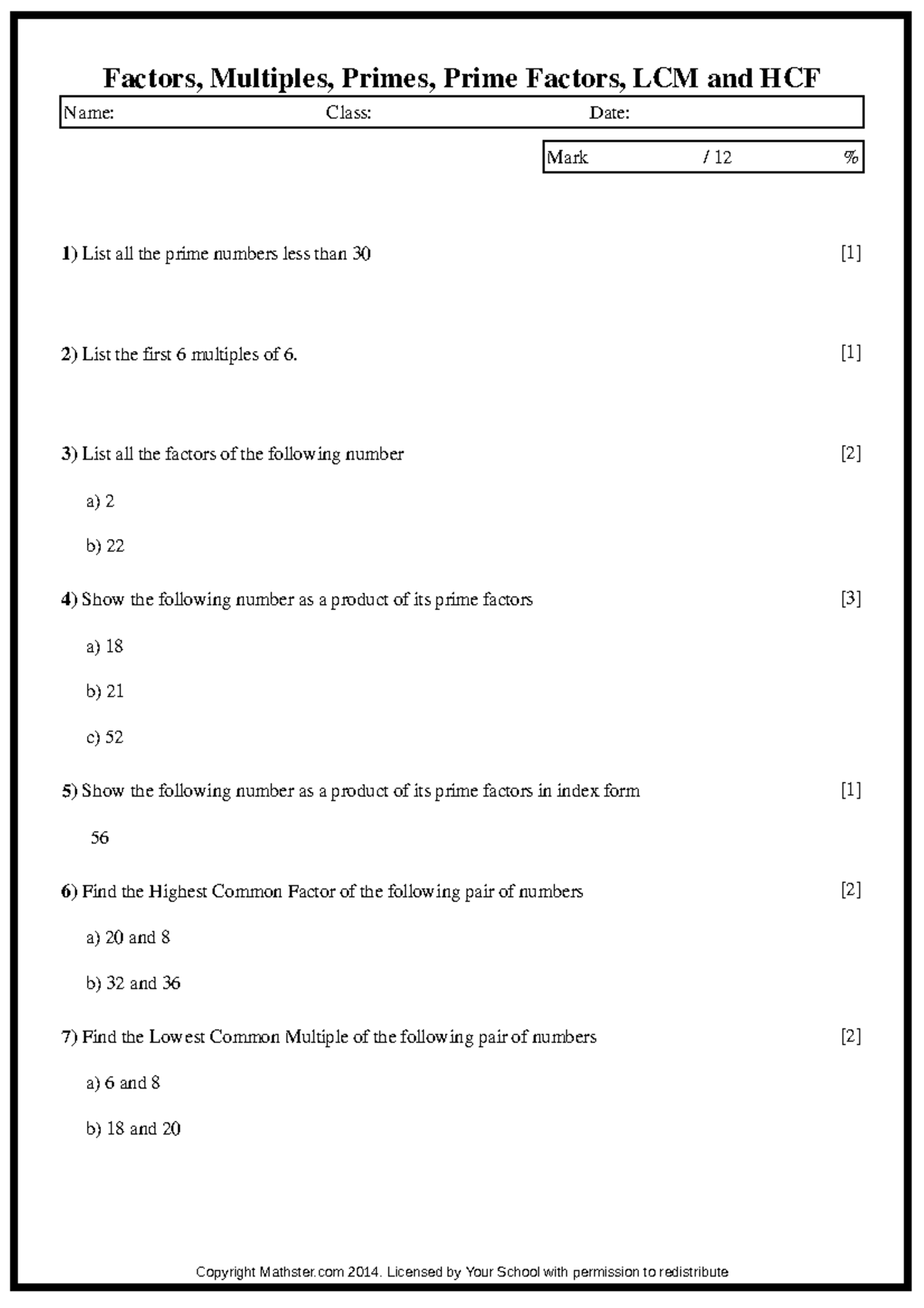 Factors Multiples Primes Prime Factors LCM And HCF Mark 12 