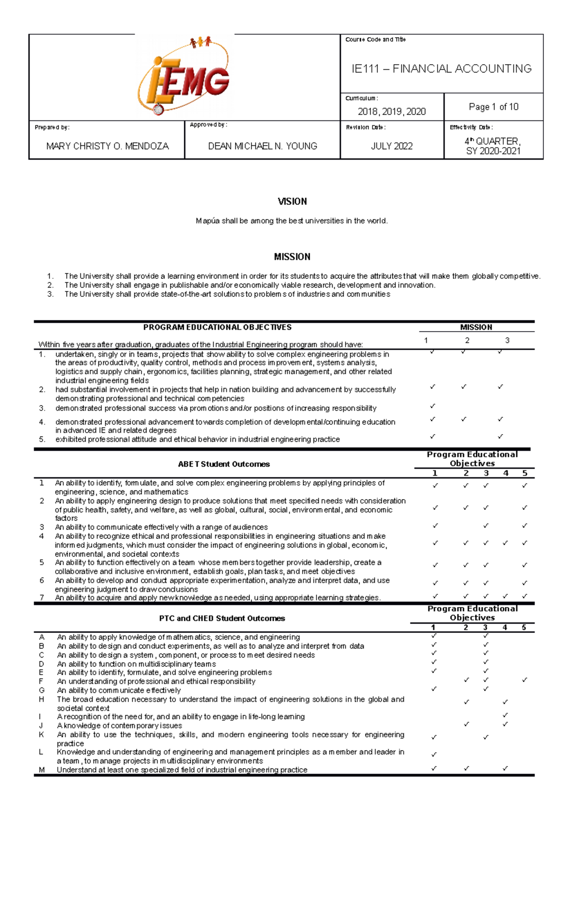 IE111- Financial Accounting-1QSY2223 - Course Code and Title IE111 ...