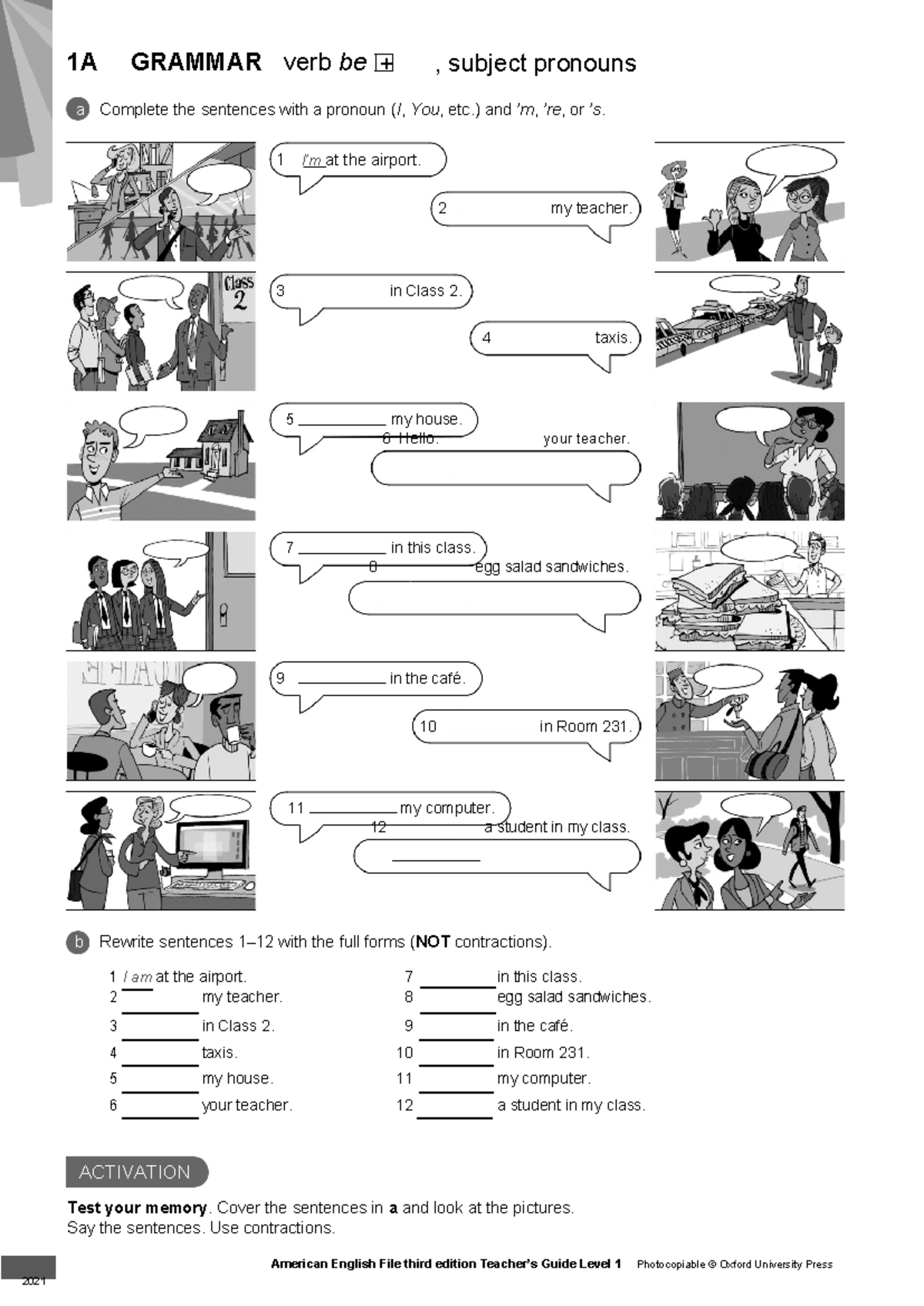 UNIT 1 - 2 Grammar - 1A GRAMMAR verb be + , subject pronouns a Complete ...