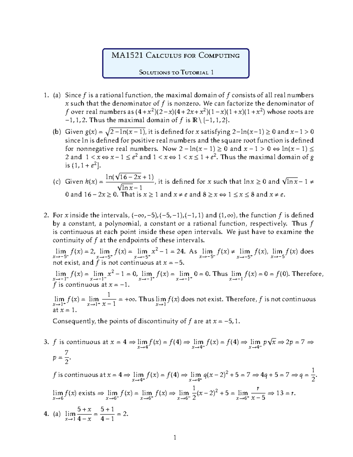 MA1521 Solution 1 - Tutorial 1 answer - MA1521 Calculus for Computing Solutions to Tutorial 1 (a ...