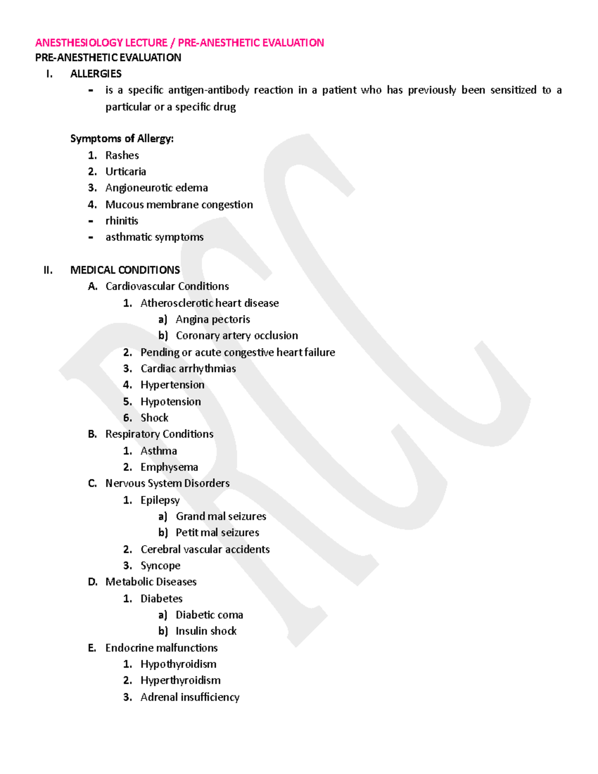 Anesthesiology - Pre-anesthetic Evaluation - PRE-ANESTHETIC EVALUATION ...