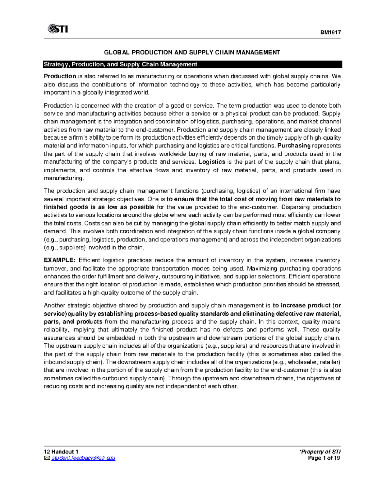 Global Production and Supply Chain Management Sum - 12 Handout 1 ...