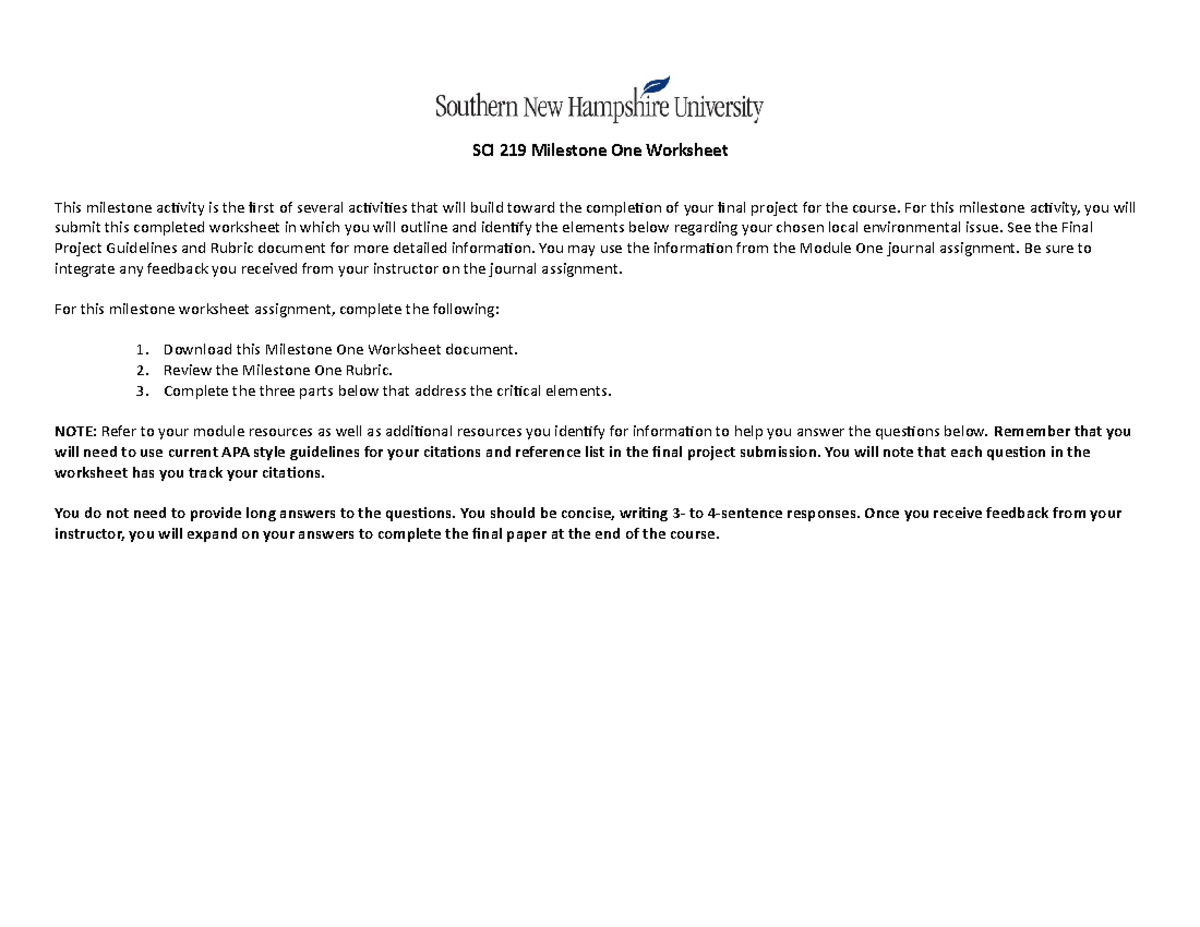 SCI 219 3-1 Milestone One Worksheet - SCI 219 Milestone One Worksheet This milestone activity is ...