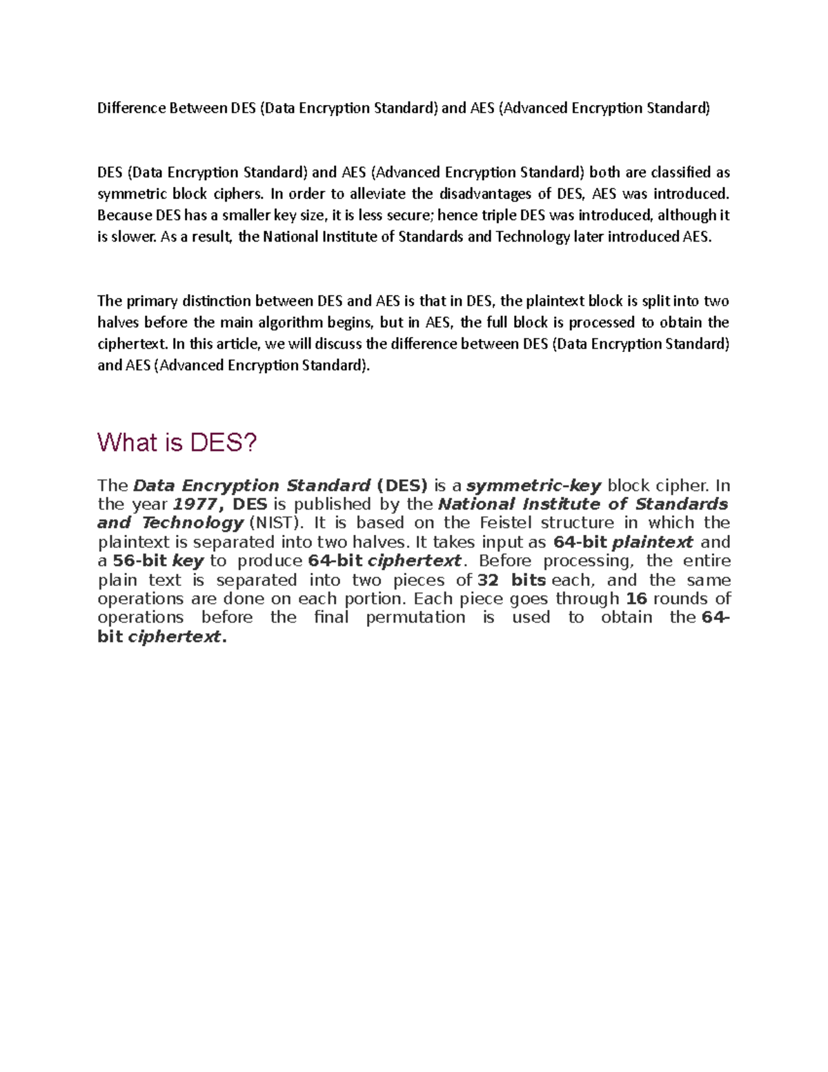 Digital data compression and encription - Difference Between DES (Data ...