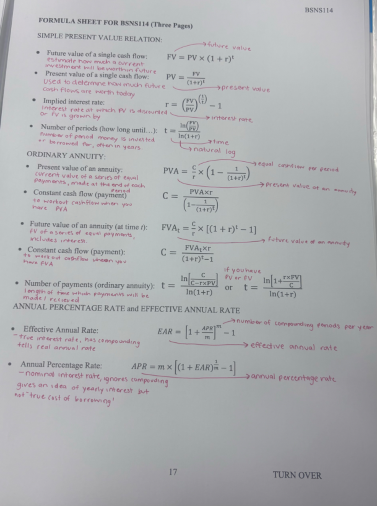 BSNS114 Annotated Formula Sheet - BSNS114 FORMULA SHEET FOR BSNS114 ...